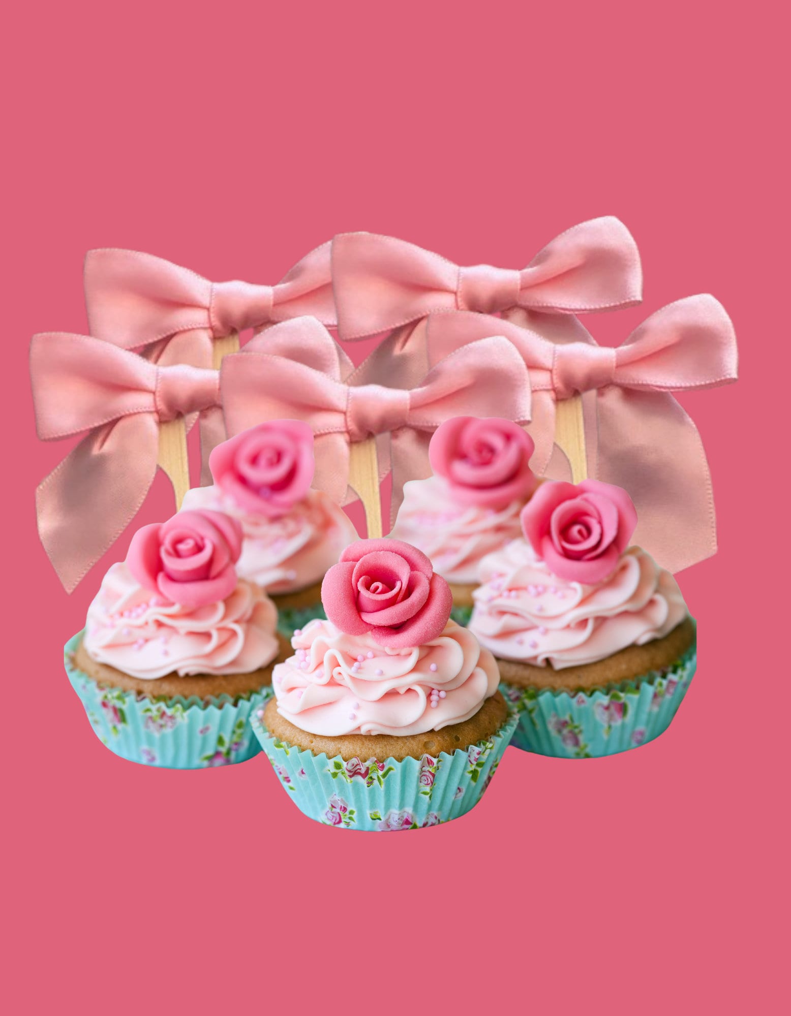Pink Satin Bow Cupcake Toppers Baby Shower Bridal Shower Bachelorette ...