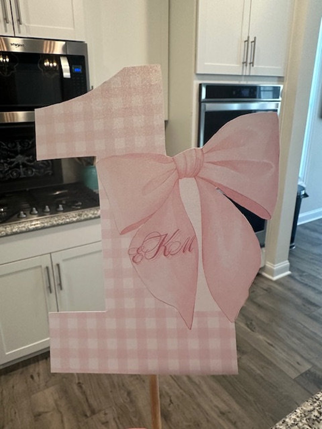 Pink Gingham Custom Number and Monogrammed Initials or Name Pink Bow ...