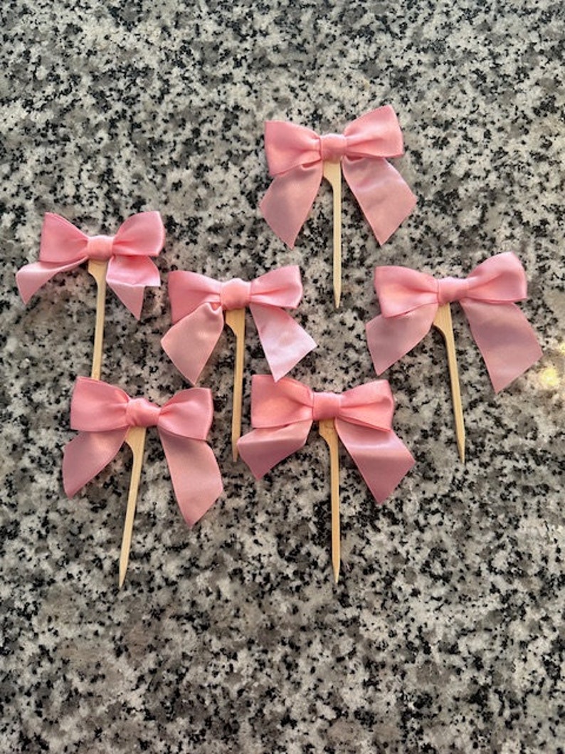 Pink Satin Bow Cupcake Toppers Baby Shower Bridal Shower Bachelorette ...