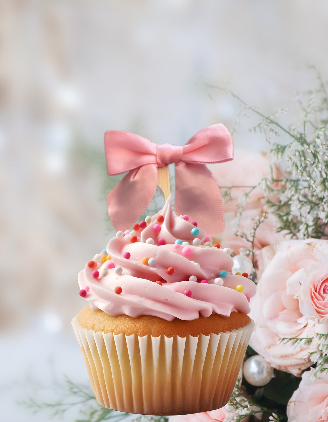 Pink Satin Bow Cupcake Toppers Baby Shower Bridal Shower Bachelorette ...