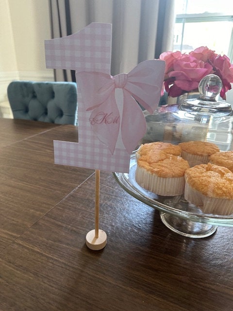 Pink Gingham Custom Number and Monogrammed Initials or Name Pink Bow ...