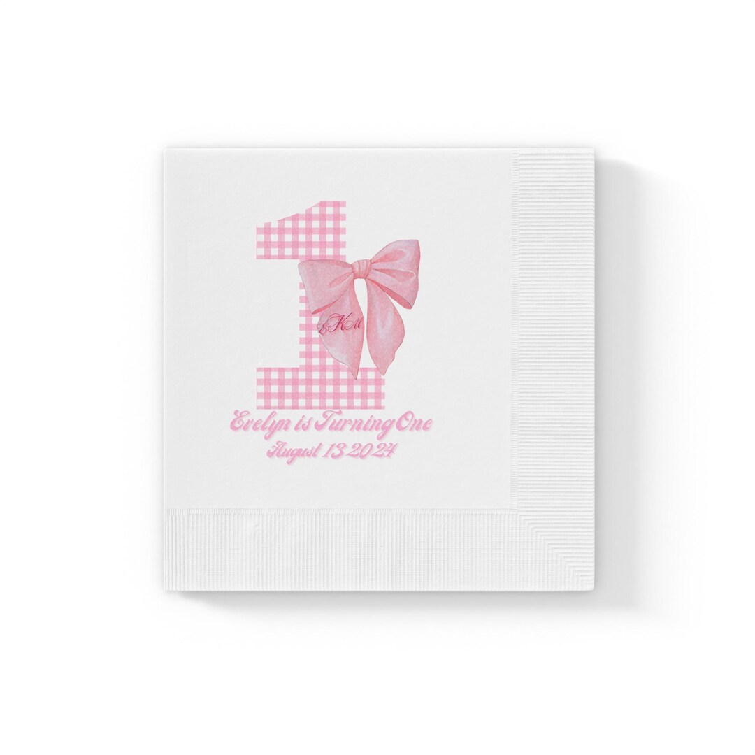 Gingham Custom Age and Name With Monogrammed Pink Bow Birthday Napkins ...