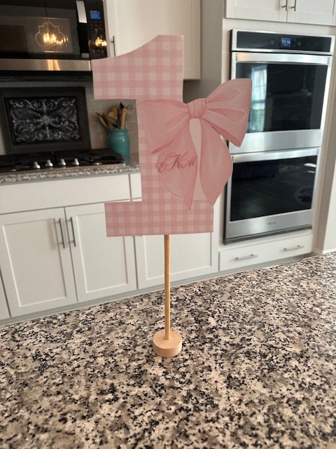 Pink Gingham Custom Number and Monogrammed Initials or Name Pink Bow ...