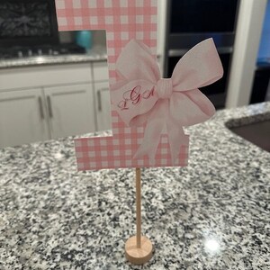 Pink Gingham Custom Number and Monogrammed Initials or Name Pink Bow ...