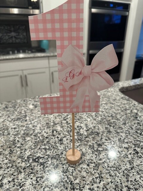 Pink Gingham Custom Number and Monogrammed Initials or Name Pink Bow ...