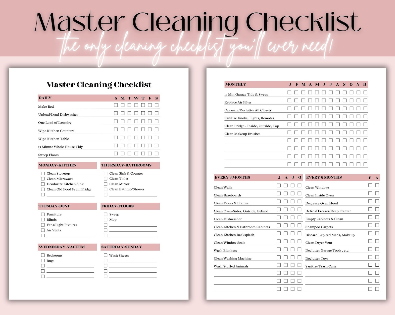 Master Cleaning Checklist, Cleaning Schedule, Daily, Weekly, Monthly ...