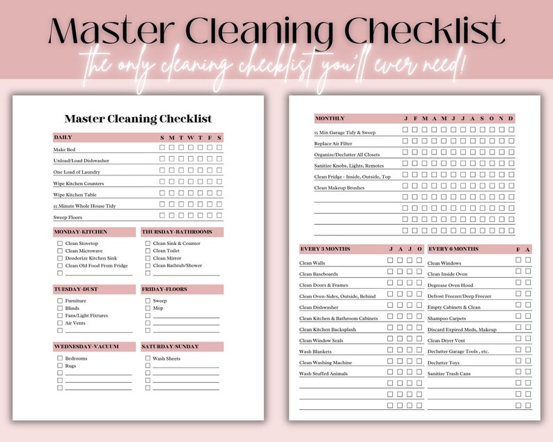 Master Cleaning Checklist, Cleaning Schedule, Daily, Weekly, Monthly ...