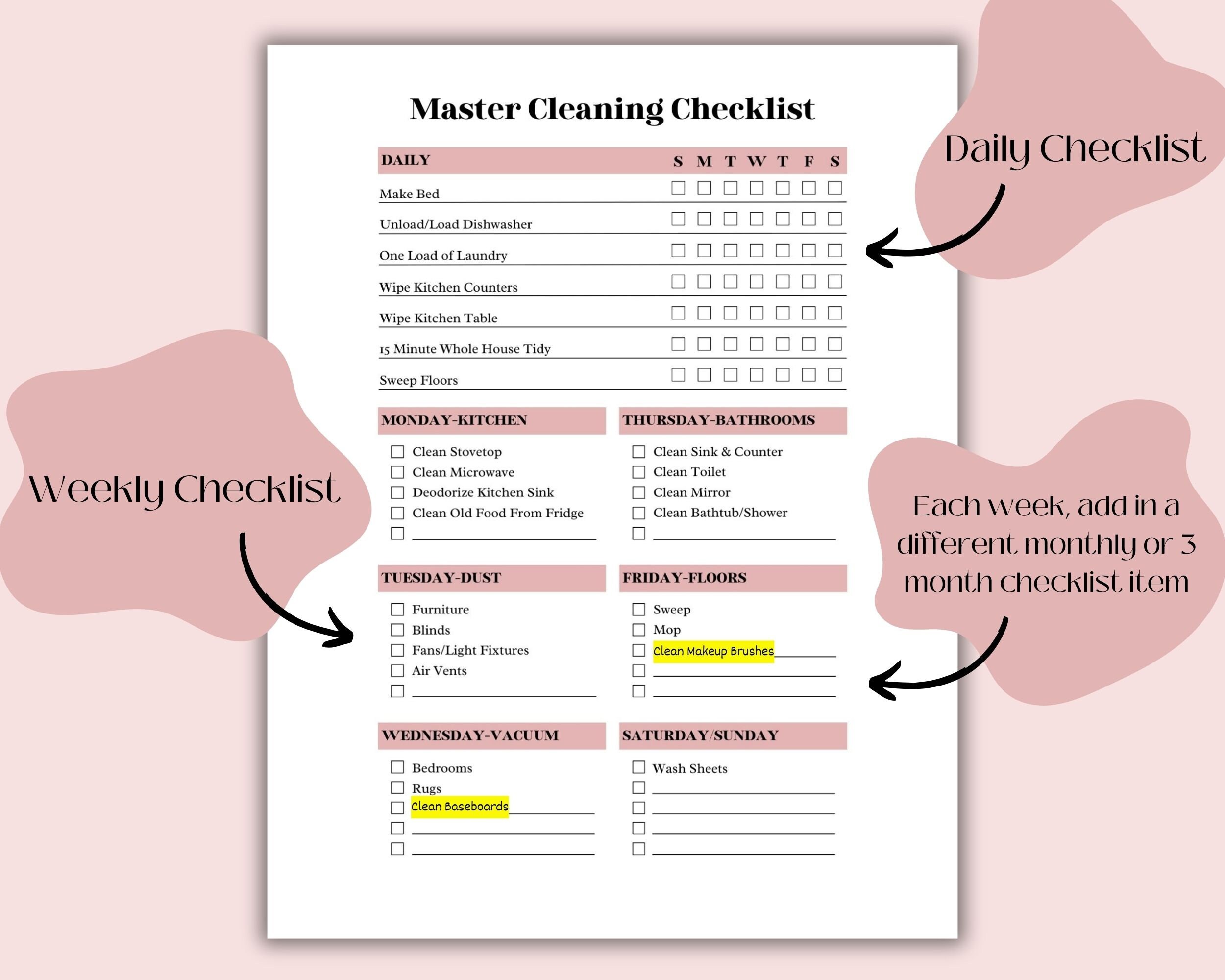 Master Cleaning Checklist, Cleaning Schedule, Daily, Weekly, Monthly, Yearly Cleaning, Ultimate ...