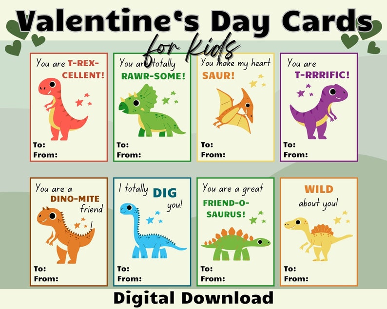 Dinosaur Valentines Day Exchange Cards for Kids, Printable Valentine's ...