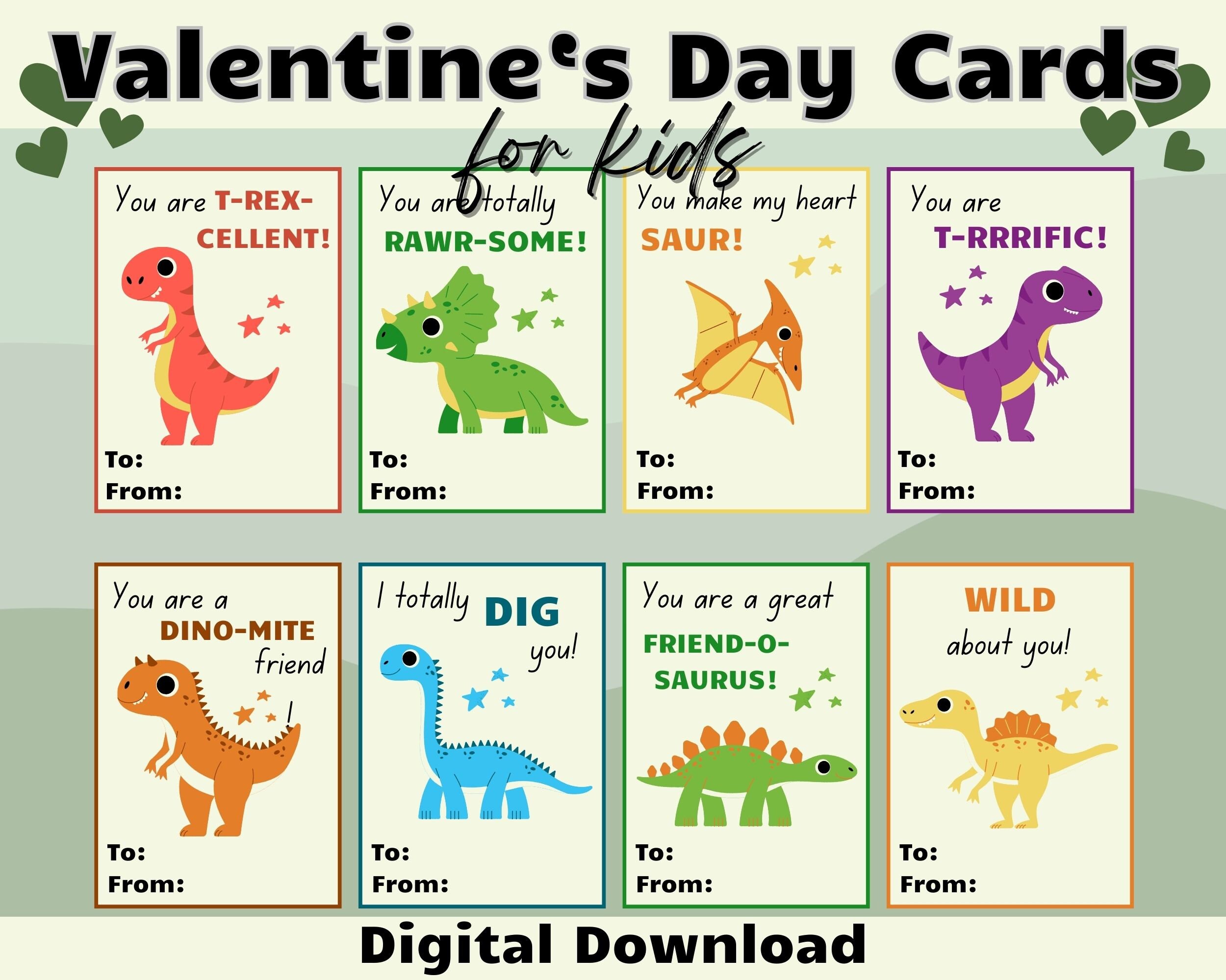 Dinosaur Valentines Day Exchange Cards for Kids, Printable Valentine's ...