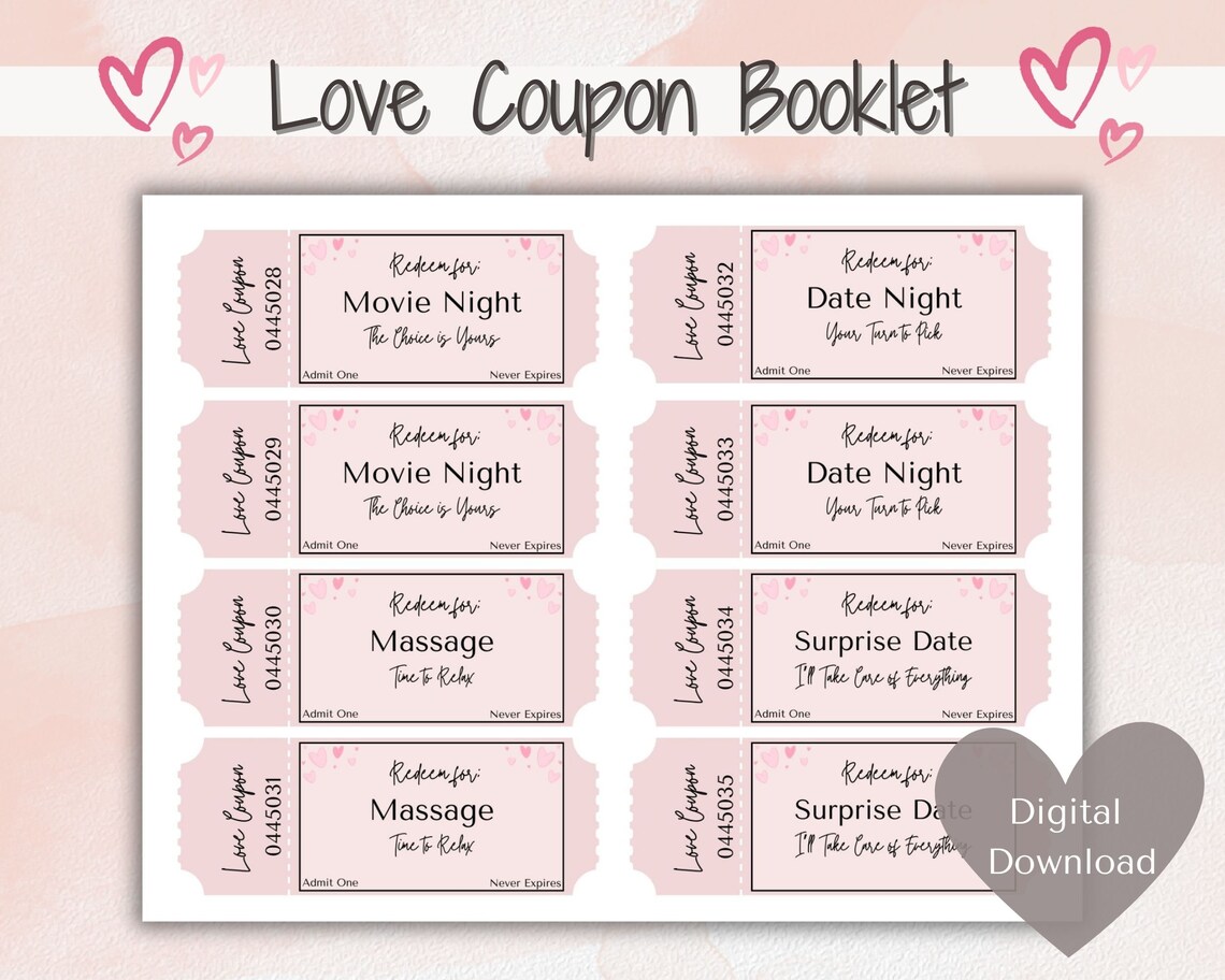 Printable Love Coupons, Love Coupon Book, Couples Gifts, Valentines Day ...