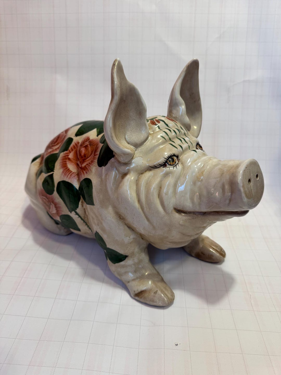 WEMYSS WARE Style Pottery Pig With Cabbage Roses & Honey Bee 18”lg Hand ...
