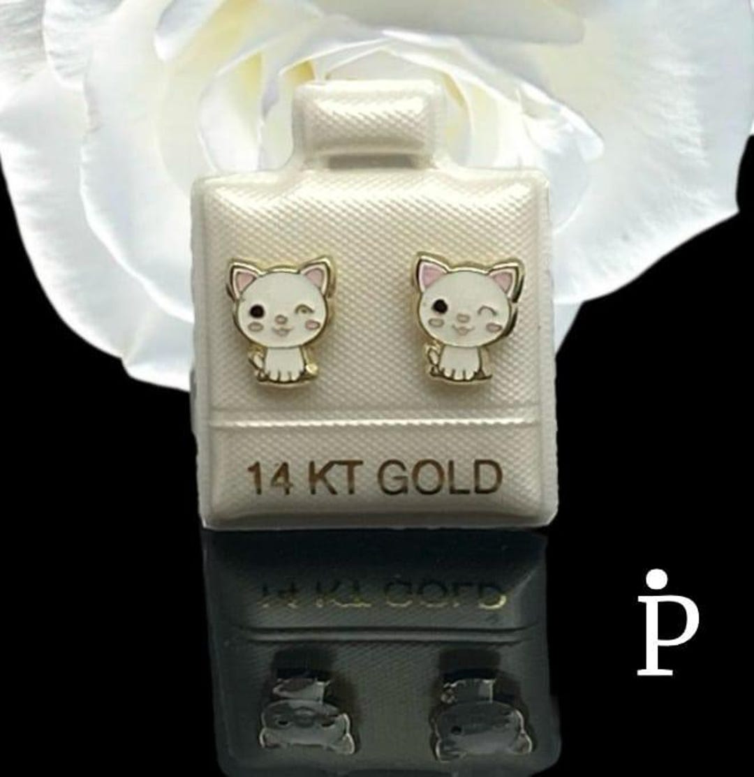 14K Solid Gold Kitten Stud Earrings Screw Back Earrings for Girls - Etsy