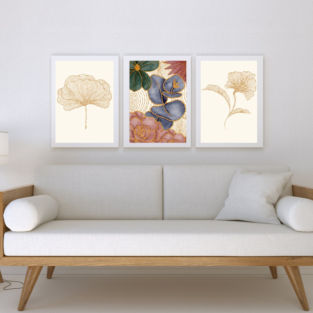 Gold Flower ART Set. Art Decor. Art Wall. 3 Set Printable Art ...