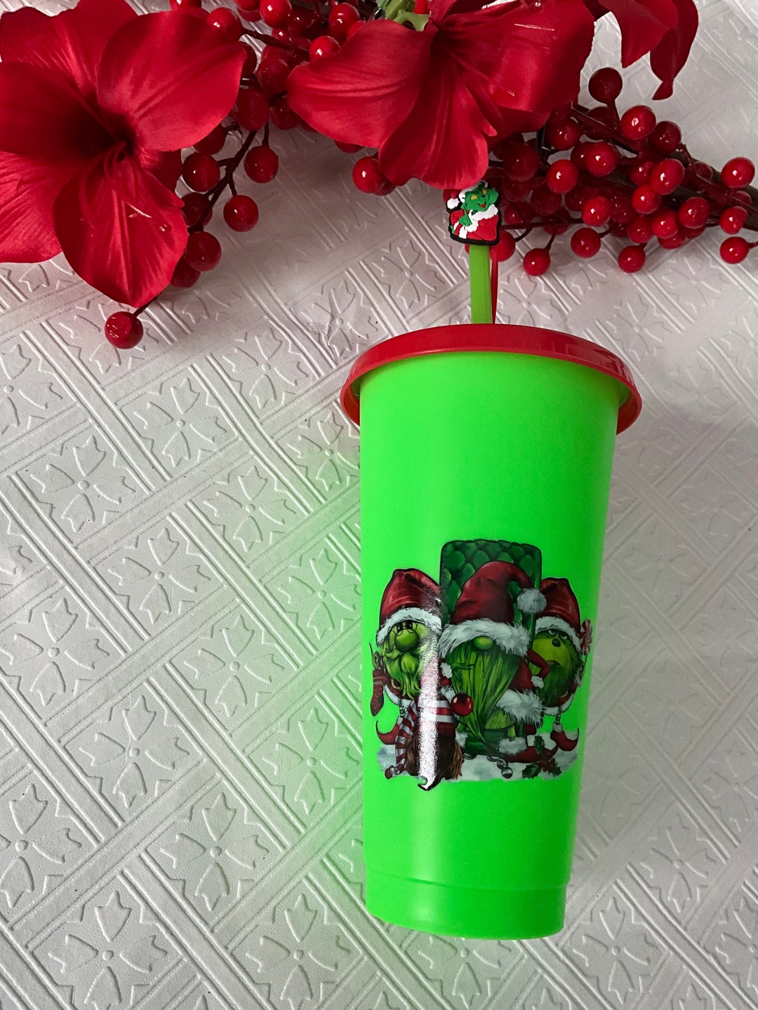 Grinch Cold Cup, Christmas, Gonks , Green, Straw Topper, Red, Drinkware ...