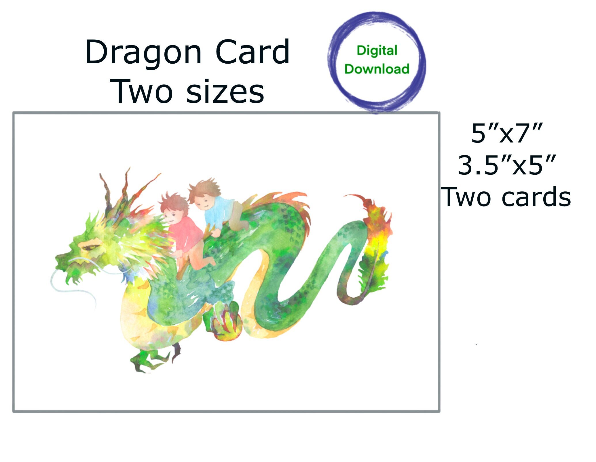Dragon Card=comes With Two Sizes =instant Digital Download, Watercolor ...