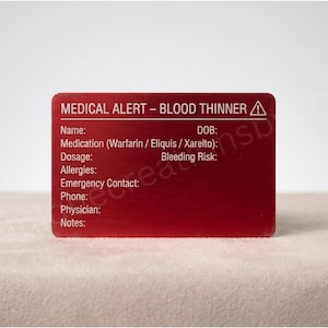 Blood Thinner Medical Alert Wallet Card – Warfarin Eliquis Xarelto ID ...