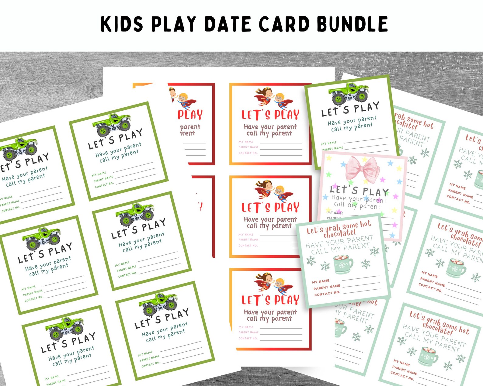 Play Date Card Bundle, 4 Designs of Kids Business Cards, Parent's ...