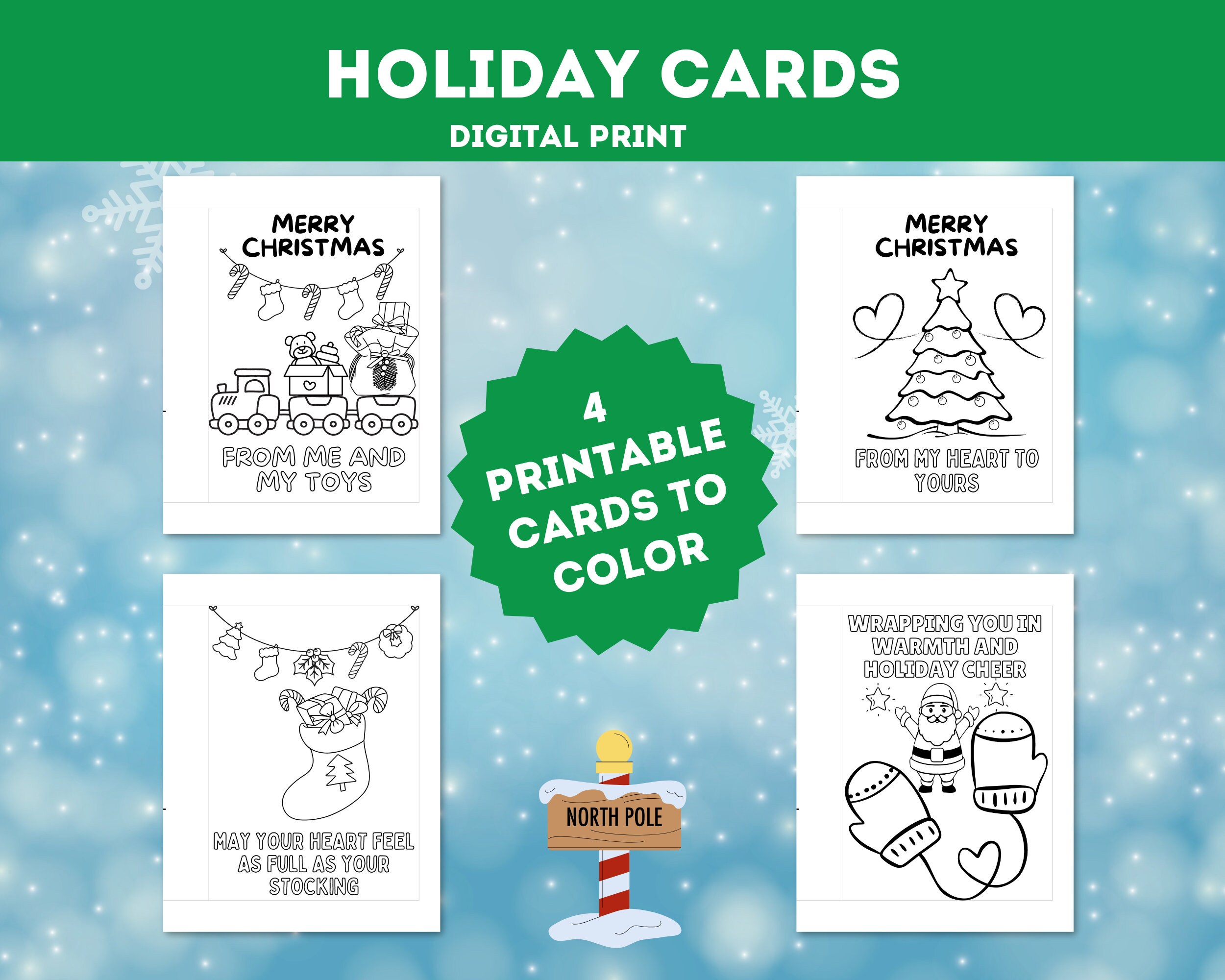 Kid's Christmas Coloring Cards, Holiday Coloring Pages, Winter Card Set ...