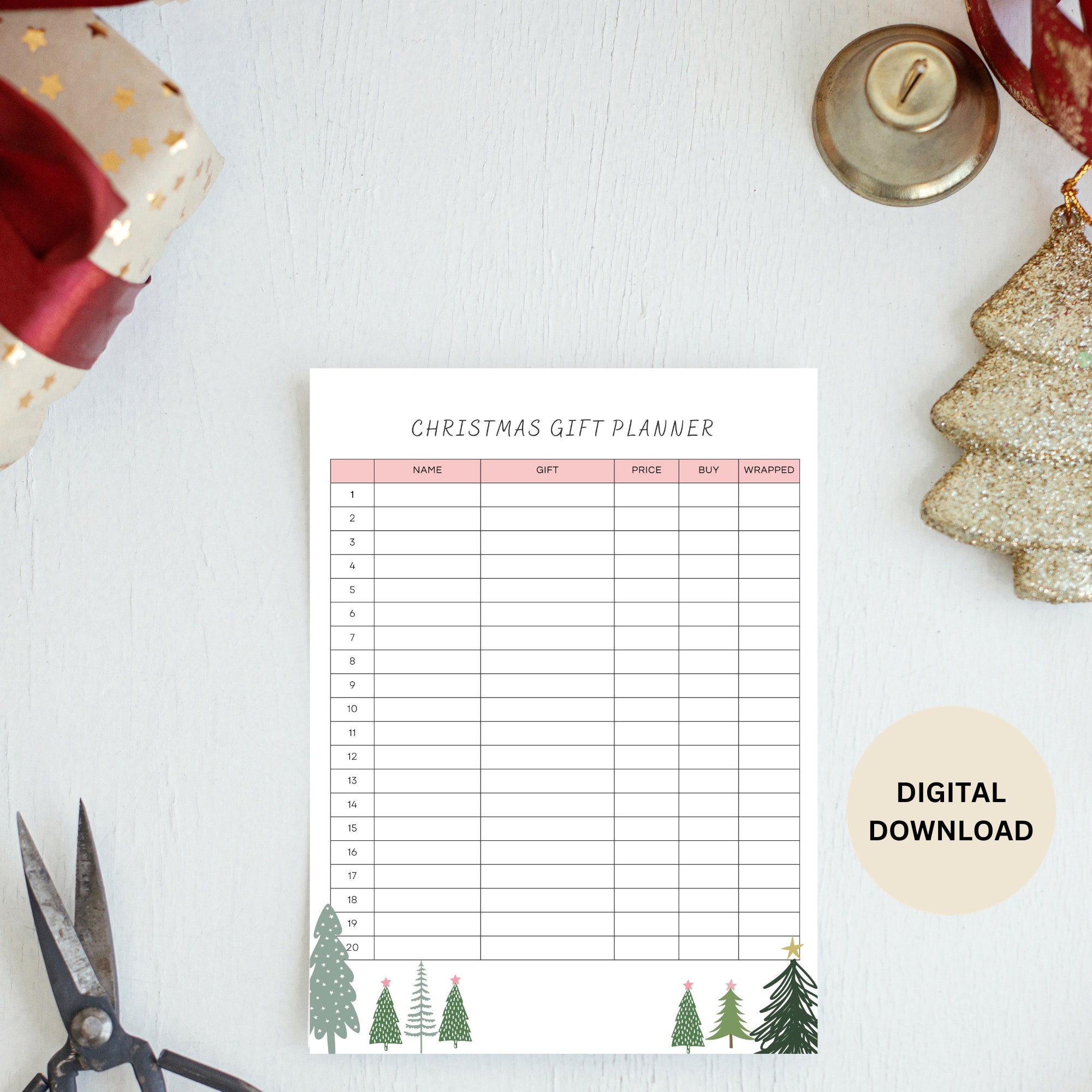 Digital Planner Printable, Digital Christmas Gift List Printable ...