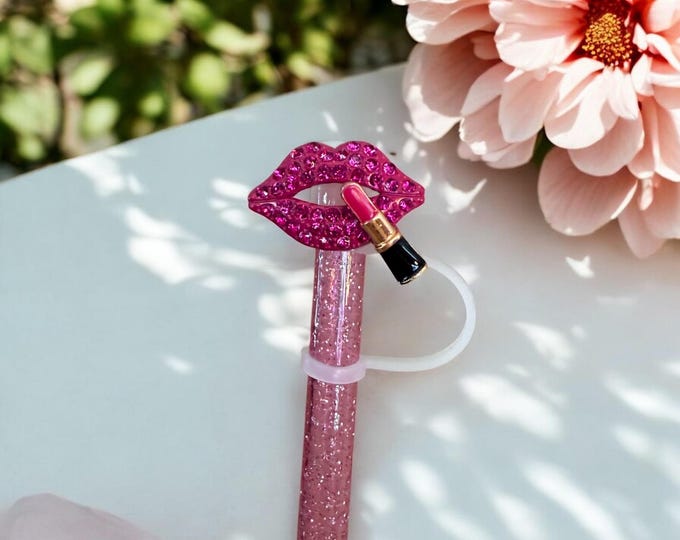 Hot Pink Lips With Lipstick Rhinestone (metal) Straw Topper for 10 Mm ...