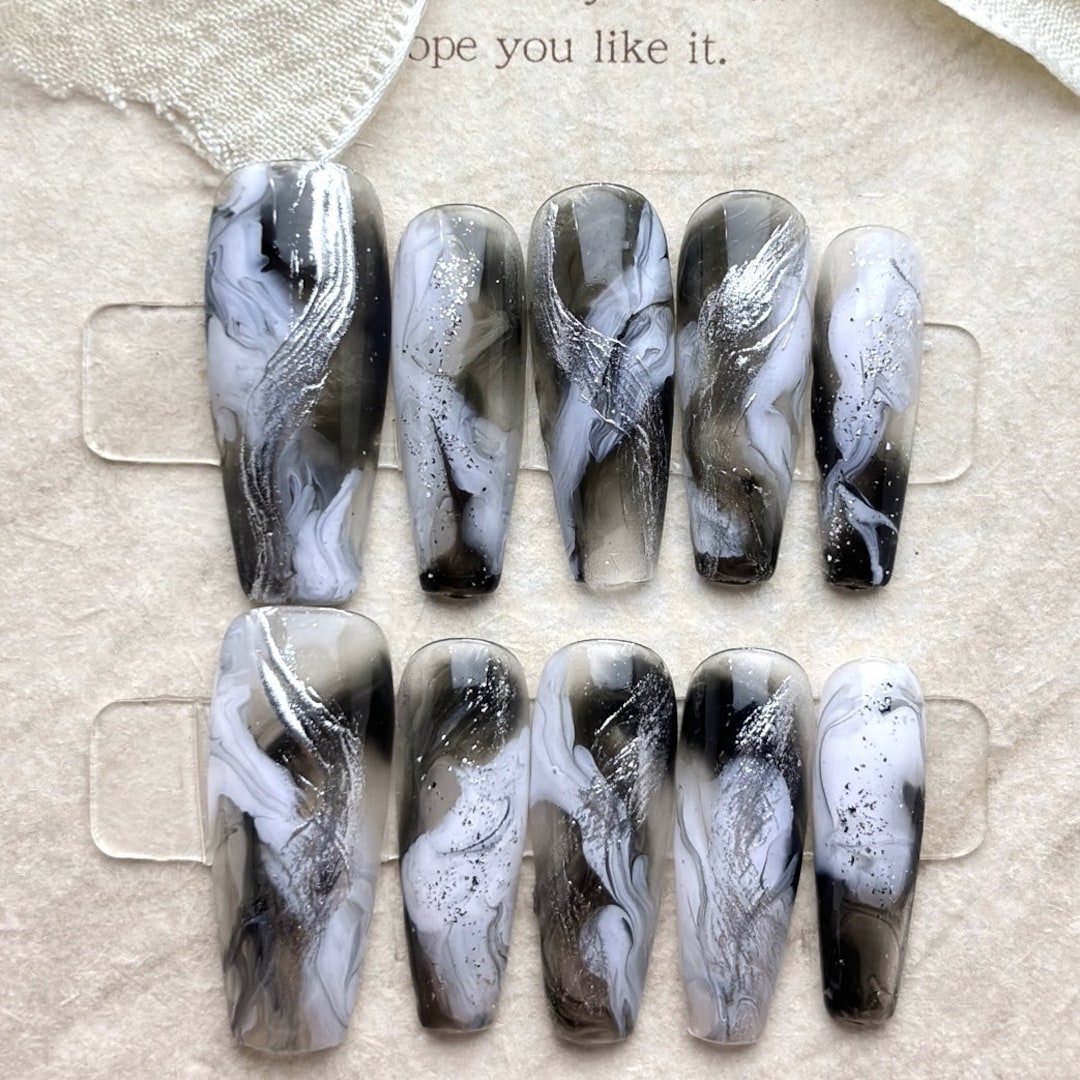 Black and White Ink Painting Nails,handmade Press on Nails, Stiletto ...