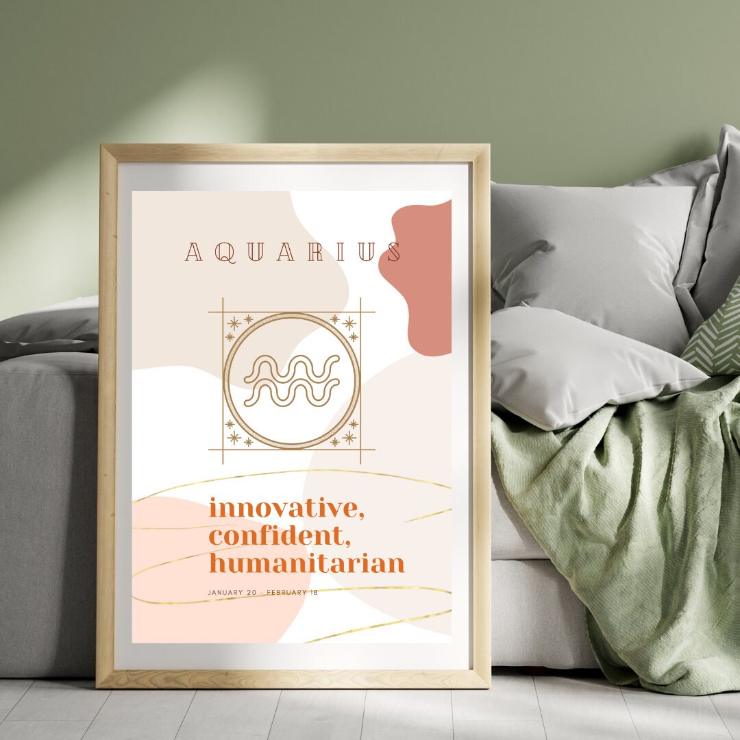 Aquarius Printable Poster, Zodiac Wall Art, Neutral Decor, Minimalist ...