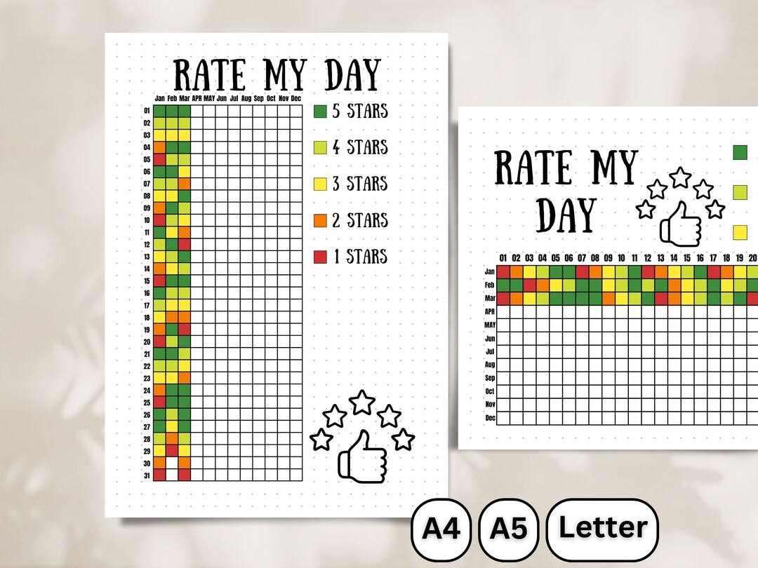 Rate My Day Printable Daily Mood Tracker Yearly Bullet Journal Insert ...