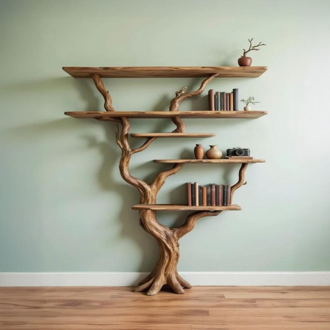 Tree Branch Book Shelf on Wall Floor Bookcase Solid Wood Bookshelf Wall ...