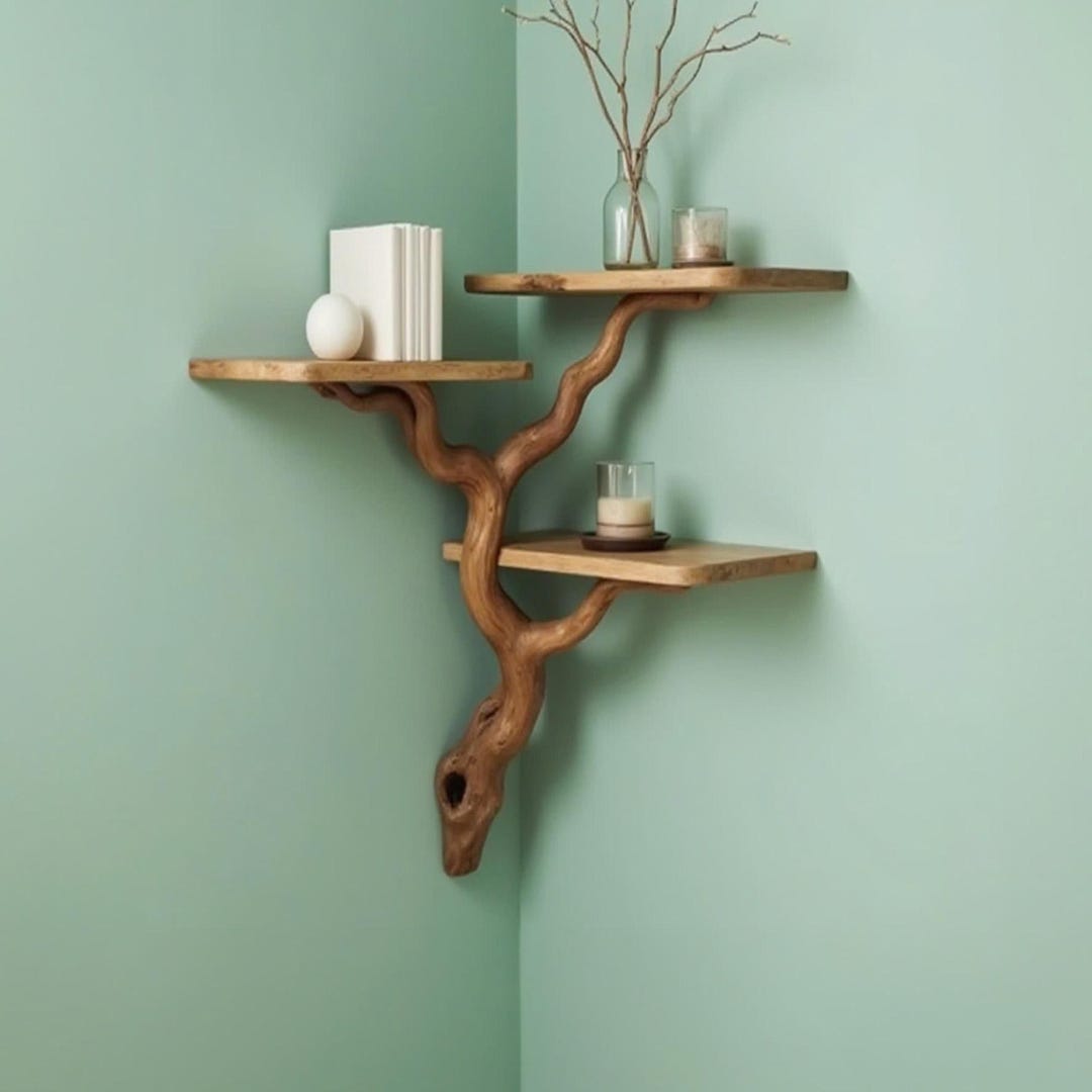 Tree Branch Corner Floating Bookshelf Wall Mounted Solid Wood Shelving ...