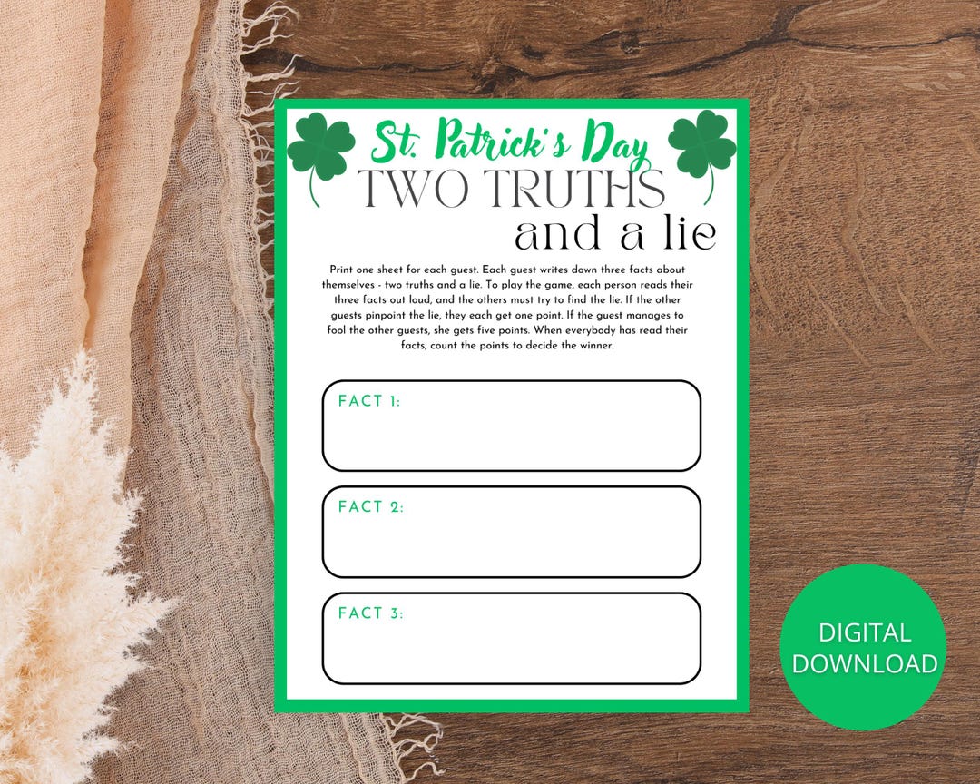 St. Patrick's Day Two Truths and A Lie Game Printable Fun Party ...