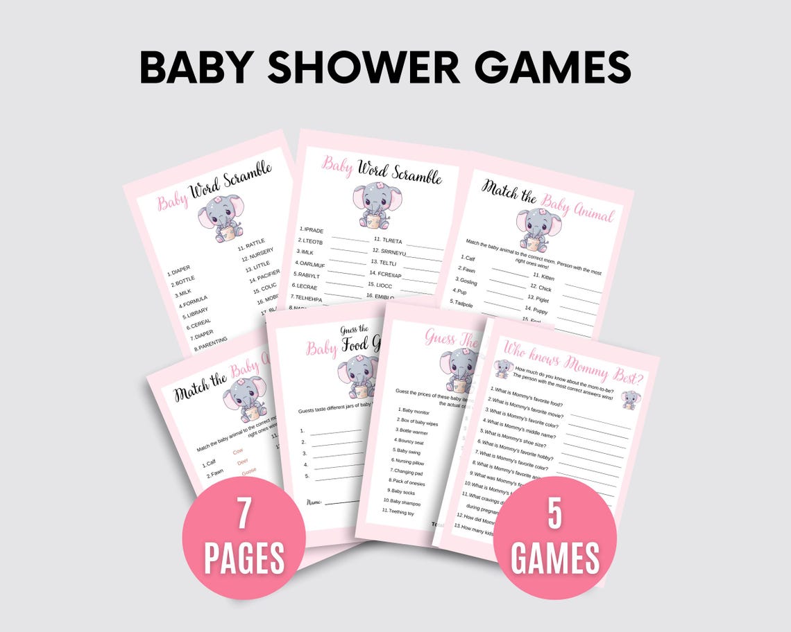 Baby Shower Word Scramble Game Bundle, 5 Games, Cute Elephant Theme ...