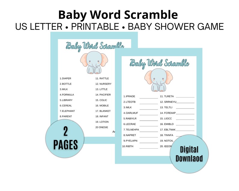 Baby Shower Game Baby Word Scramble Printable Digital Download Cute ...