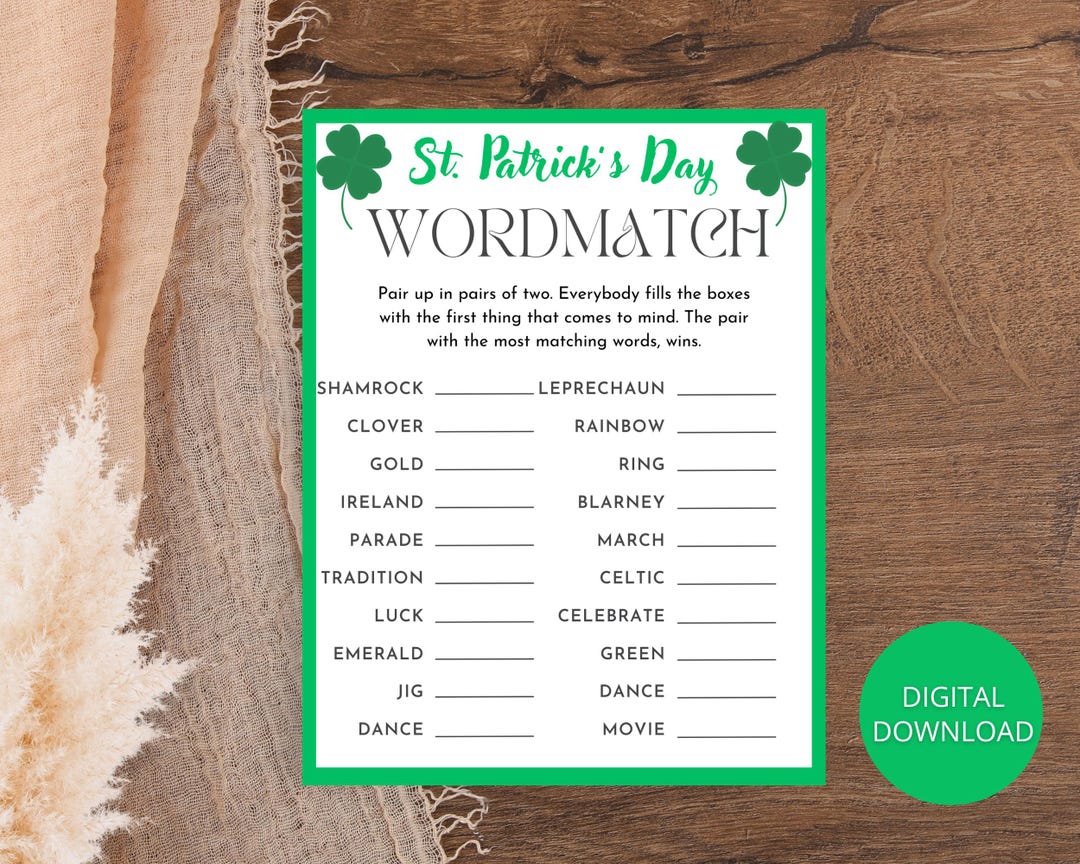 St. Patrick's Day Word Match Game Fun Easy to Play Printable Digital ...