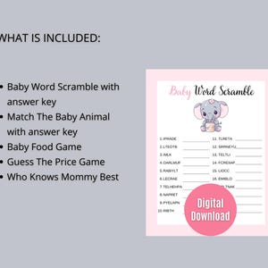 Baby Shower Word Scramble Game Bundle, 5 Games, Cute Elephant Theme ...
