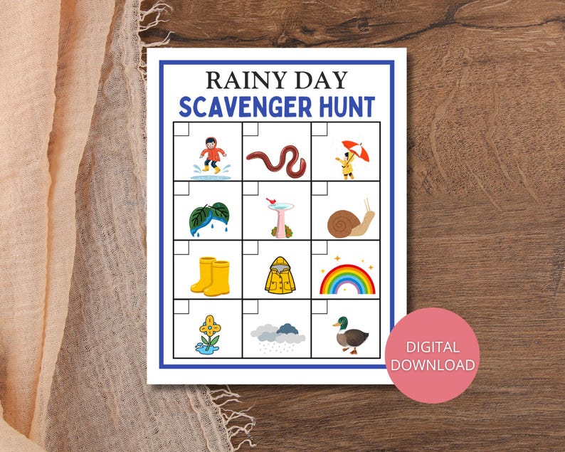 Printable Rainy Day Scavenger Hunt for Kids Fun Indoor Outdoor Activity ...