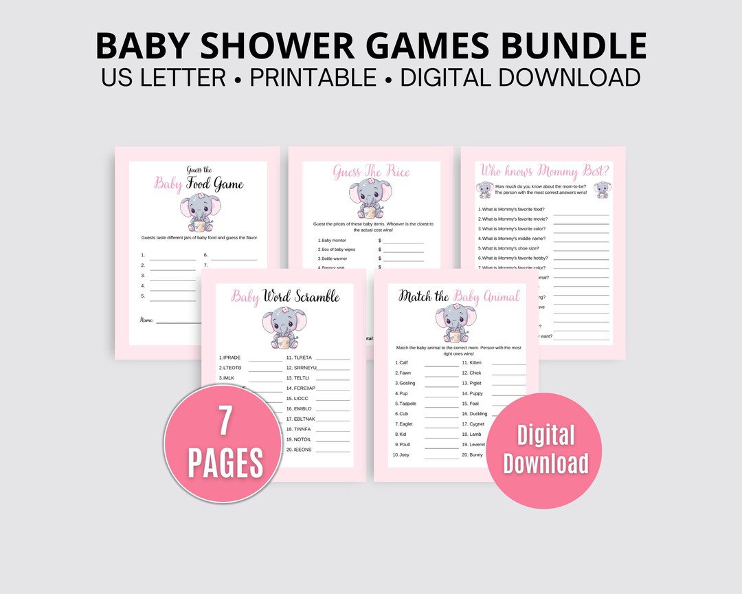Baby Shower Word Scramble Game Bundle, 5 Games, Cute Elephant Theme ...