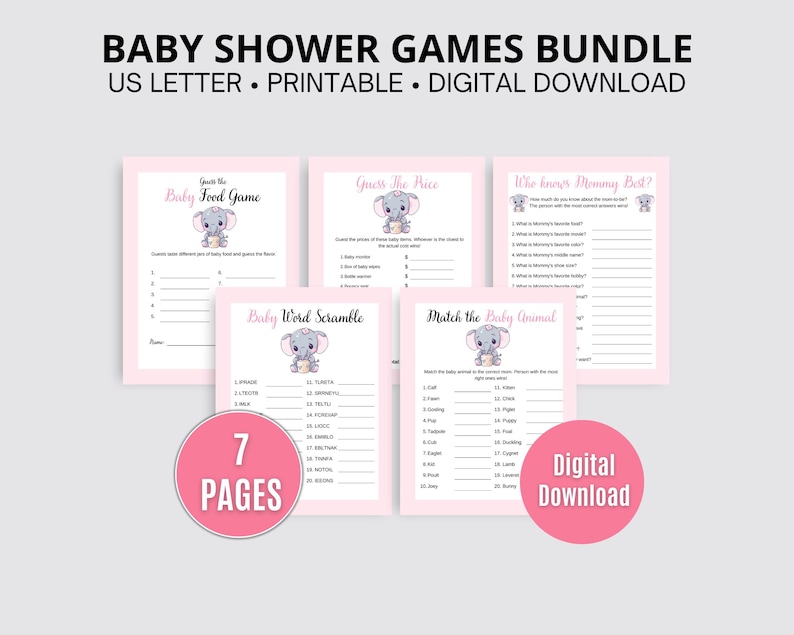 Baby Shower Word Scramble Game Bundle, 5 Games, Cute Elephant Theme ...