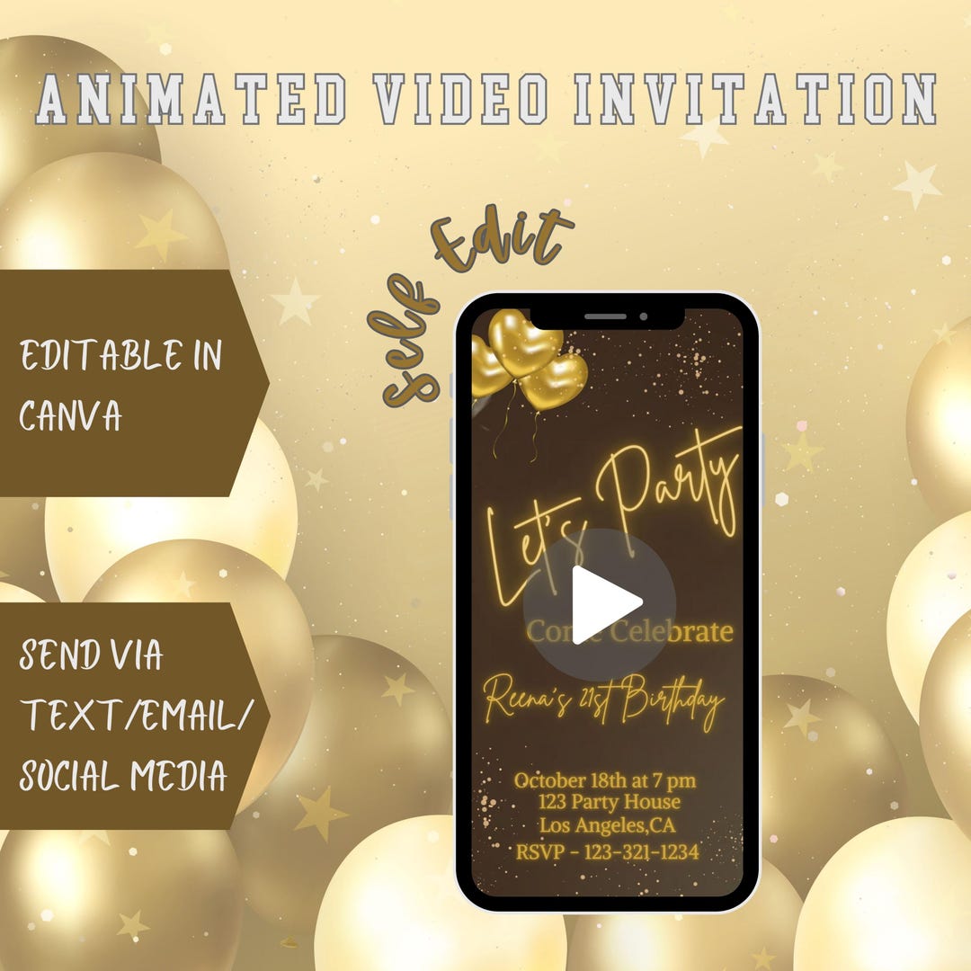 Animated Birthday Party Invite, Golden Birthday Party Video Digital ...
