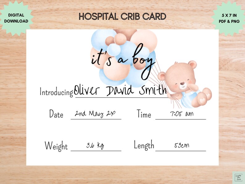 Hospital Crib Card / Baby Birth Stats / NICU Name Card / Printable Crib ...