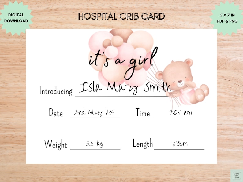 Hospital Crib Card / Baby Birth Stats / NICU Name Card / Printable Crib ...