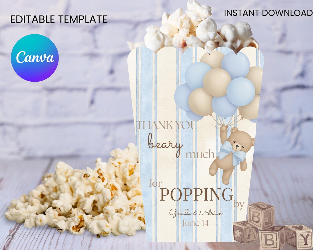 EDITABLE Small Popcorn Box. Personalized Editable Blue and Tan Baby Boy ...