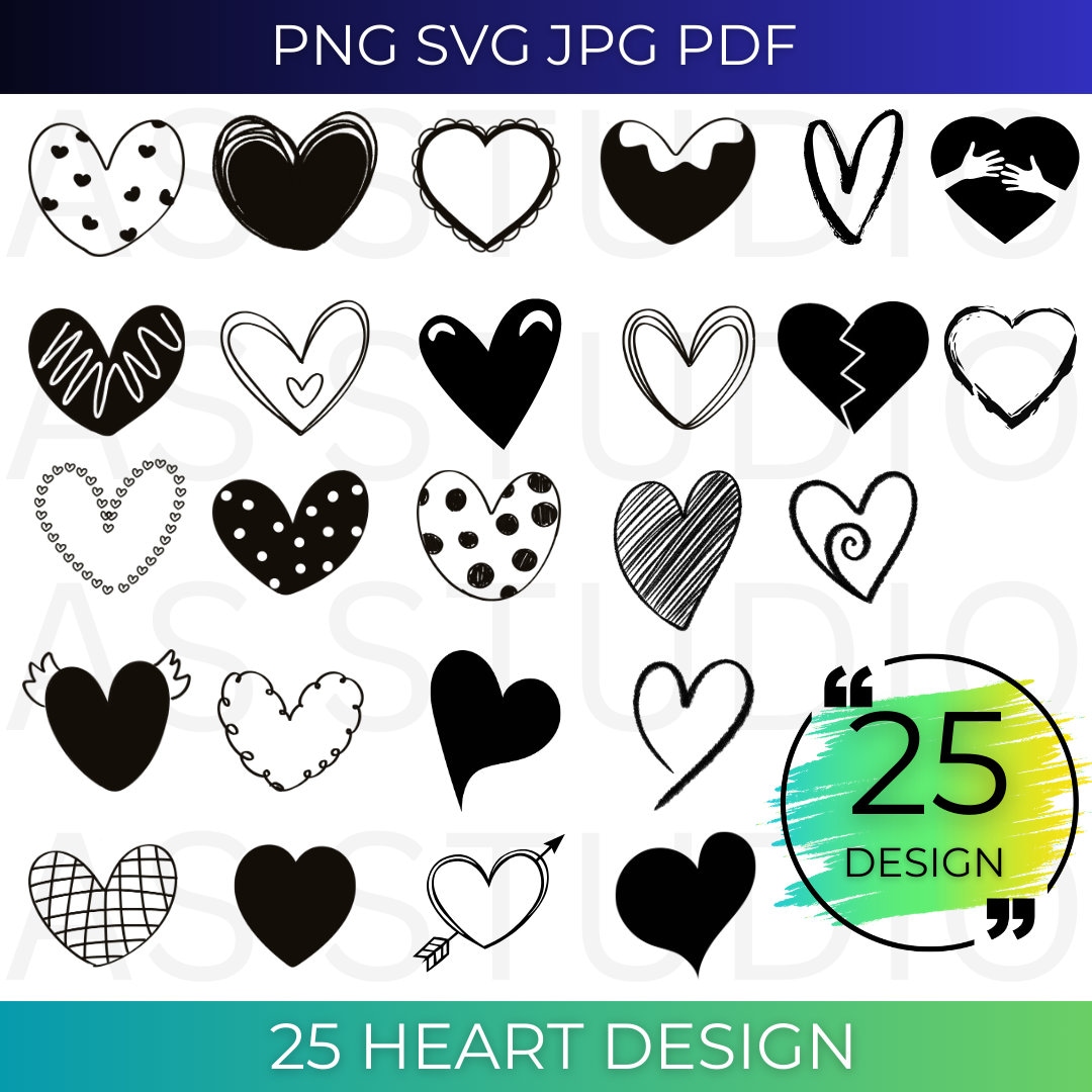 25 Corazón SVG Paquete Corazón SVG Boceto Corazón SVG Día de San ...