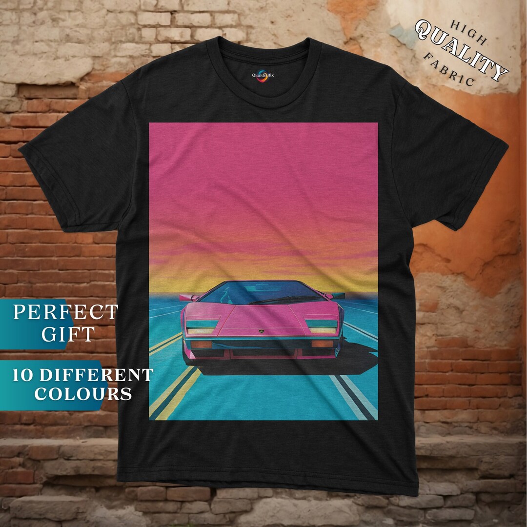 Pink Sports Car T-shirt Retro Car Design at Sunset, Artistic Style and ...