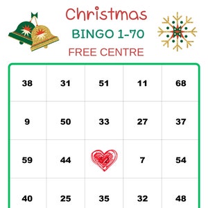 50 Cute 1-70 Christmas Bingo Cards, Printable PDF Download, Christmas ...