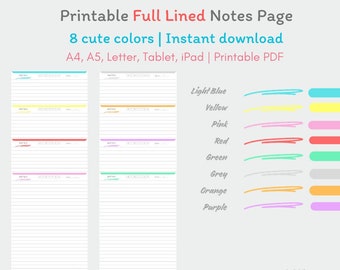 8 Cute Colors Lined Notes Page Printable, Minimal Goodnotes Template ...