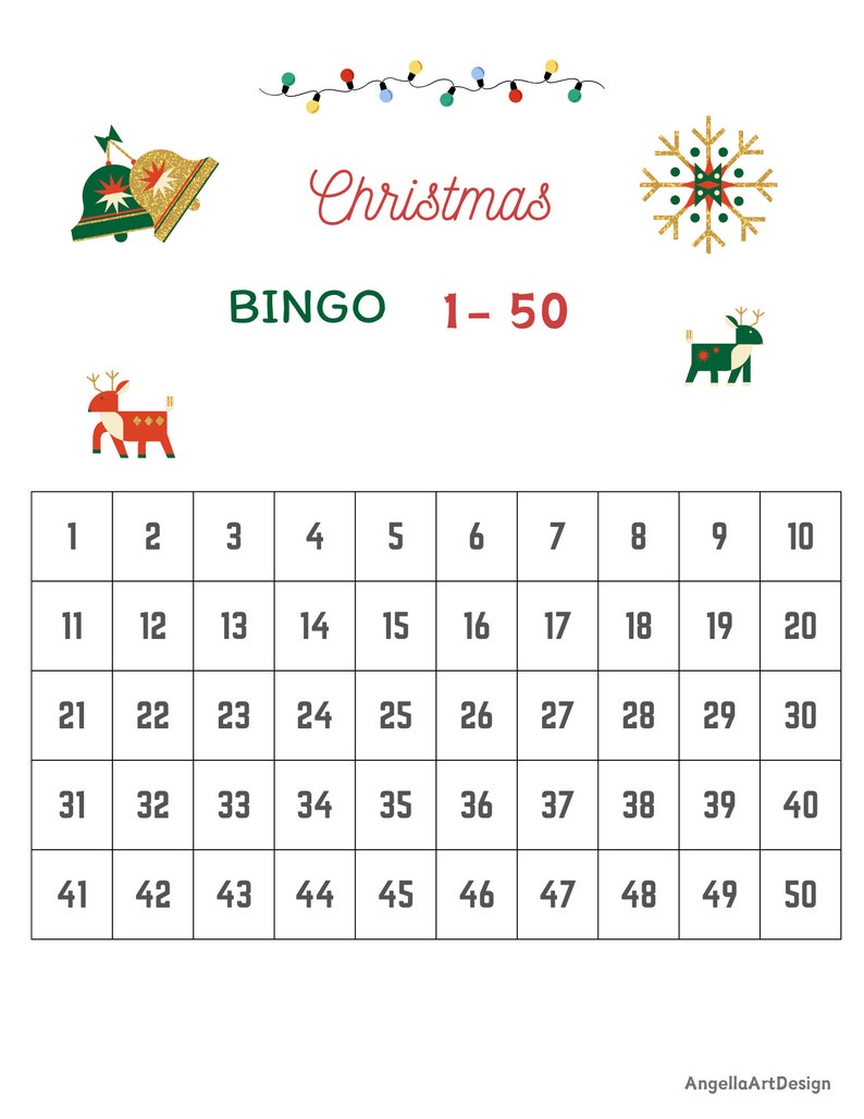 50 Cute 1-50 Christmas Bingo Cards, Printable PDF Download, Christmas ...