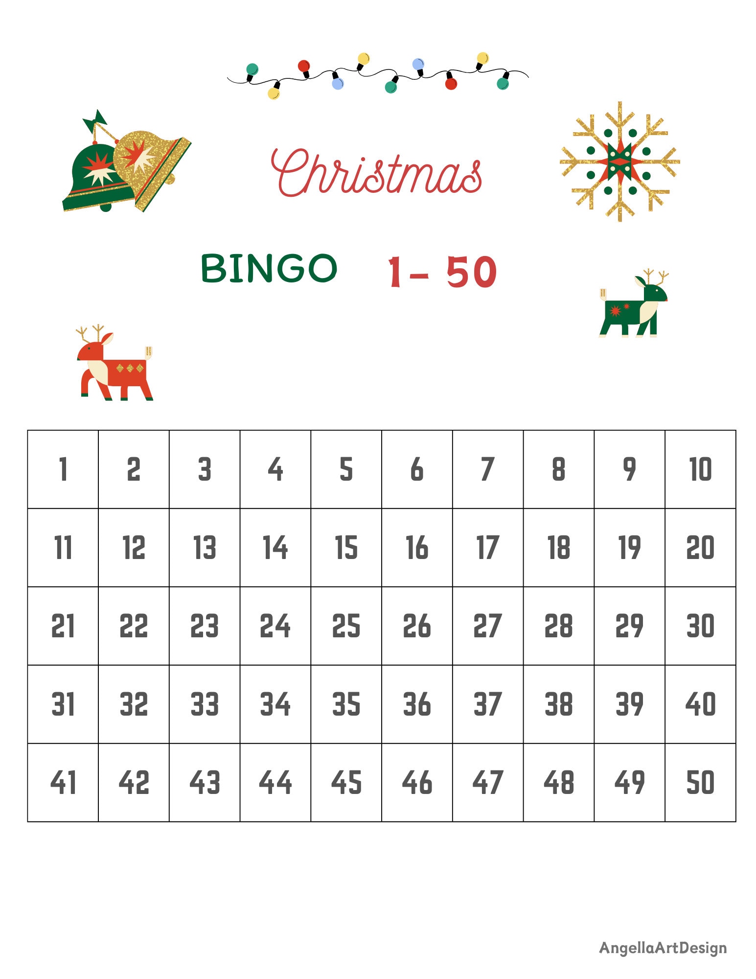 50 Cute 1-50 Christmas Bingo Cards, Printable PDF Download, Christmas ...