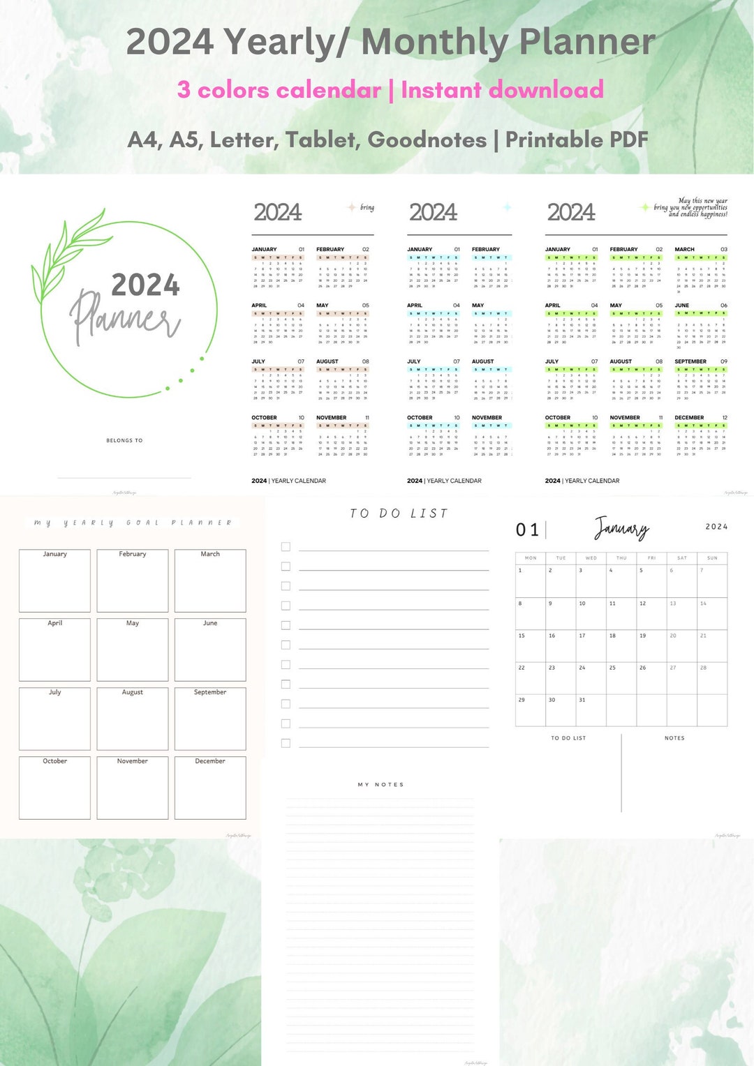 2024 Yearly/ Monthly Calendar Printable and Digital Planner, Jan to Dec ...