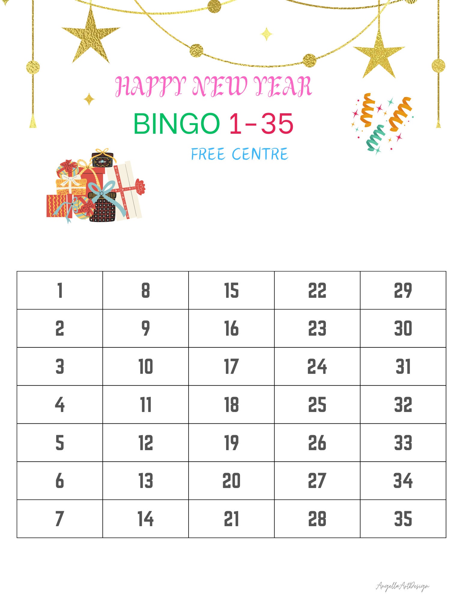 50 Cute 1-35 New Year Bingo Cards, Printable PDF Download, New Year ...